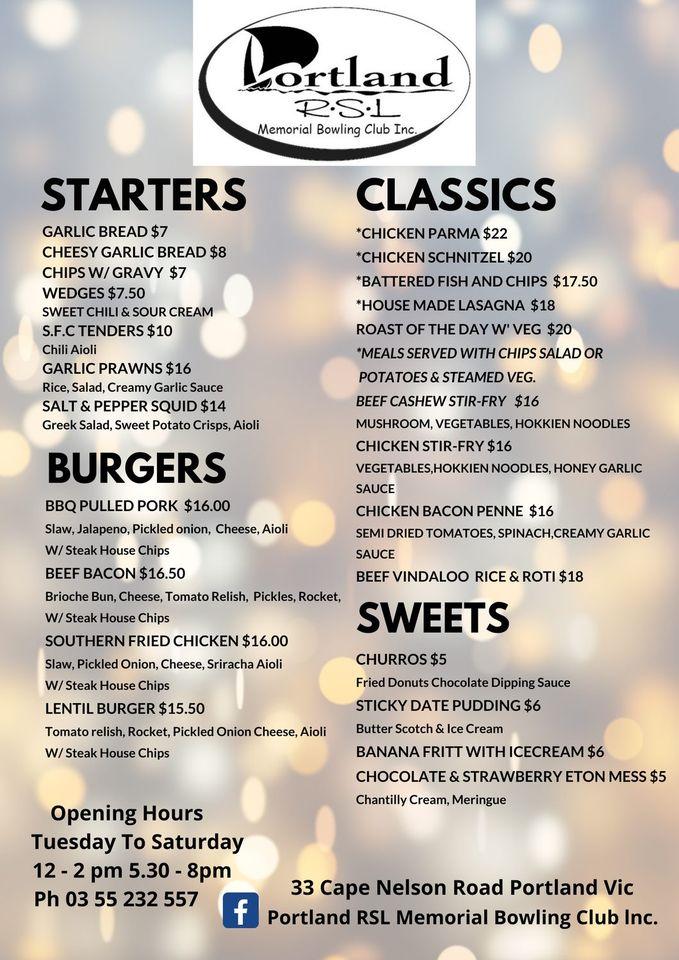 Menu at Portland Memorial Bowling Club, Portland