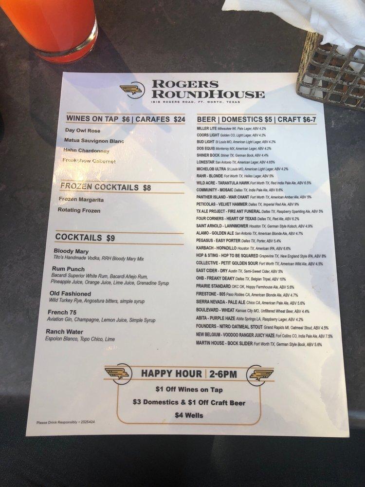 Menu at Rogers Roundhouse pub & bar, Fort Worth