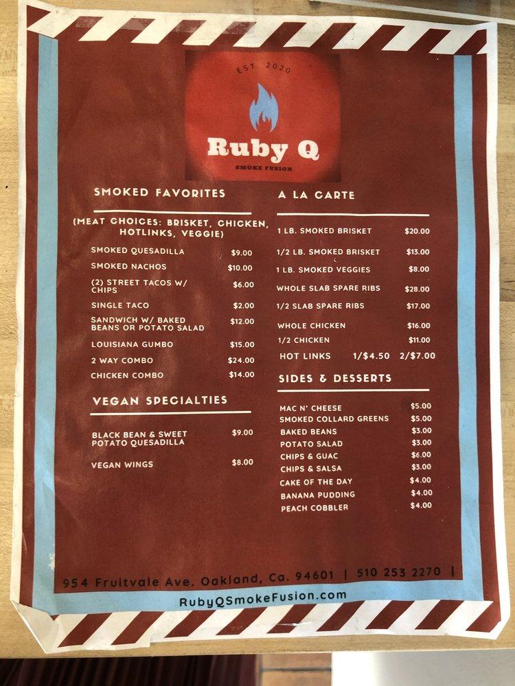 Menu at Ruby Q Smoke Fusion BBQ, Oakland