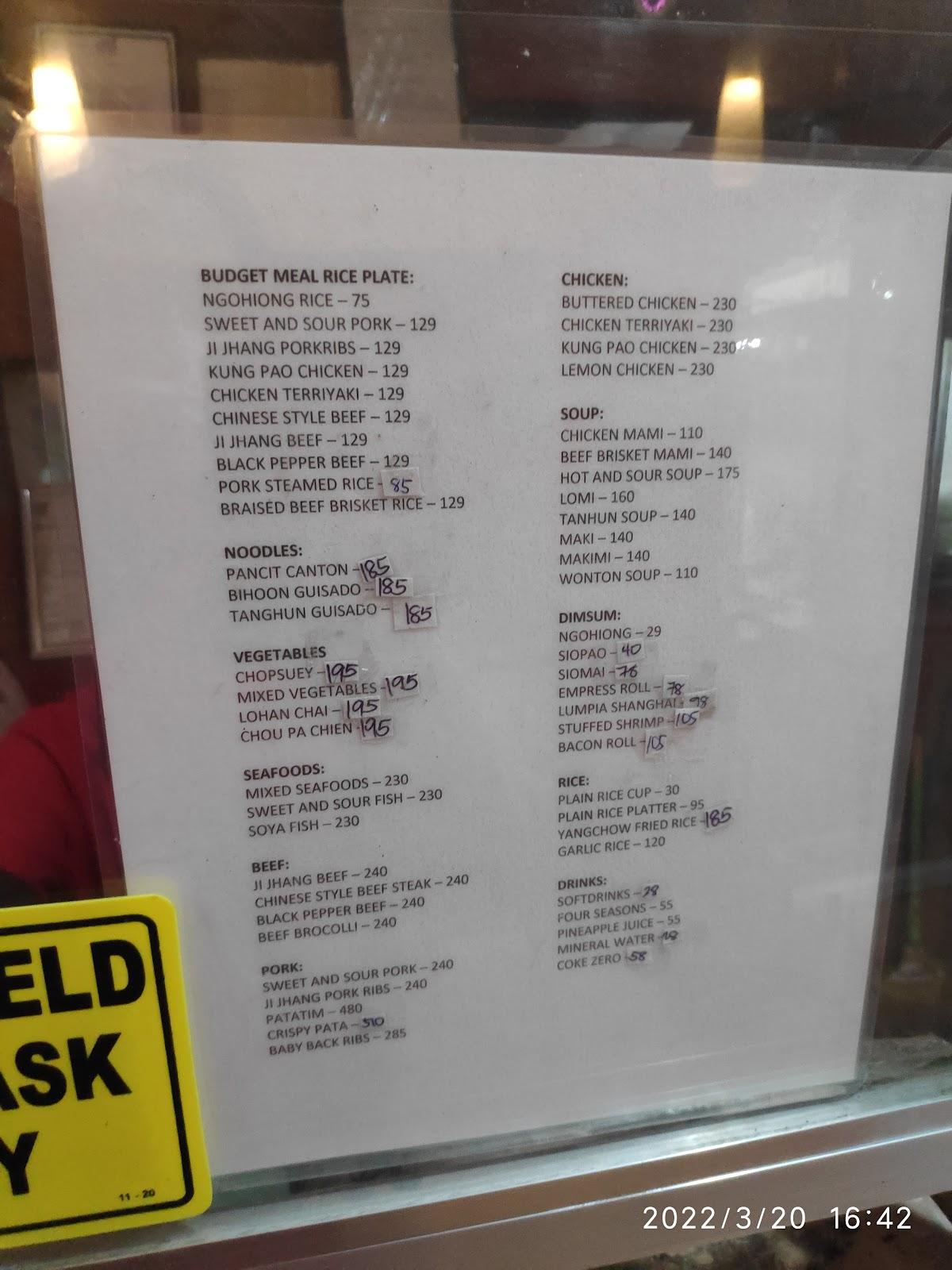 Menu at Shanghai Boy restaurant, Ozamiz City