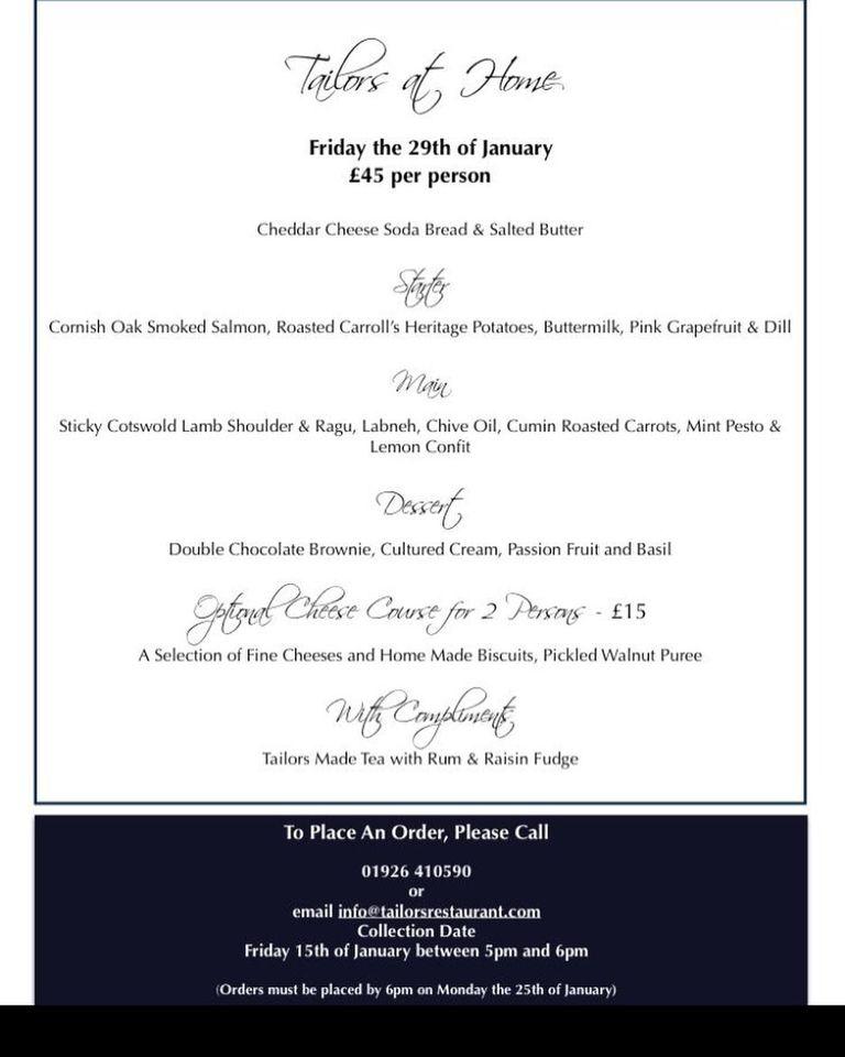 Menu at Tailors restaurant, Warwick