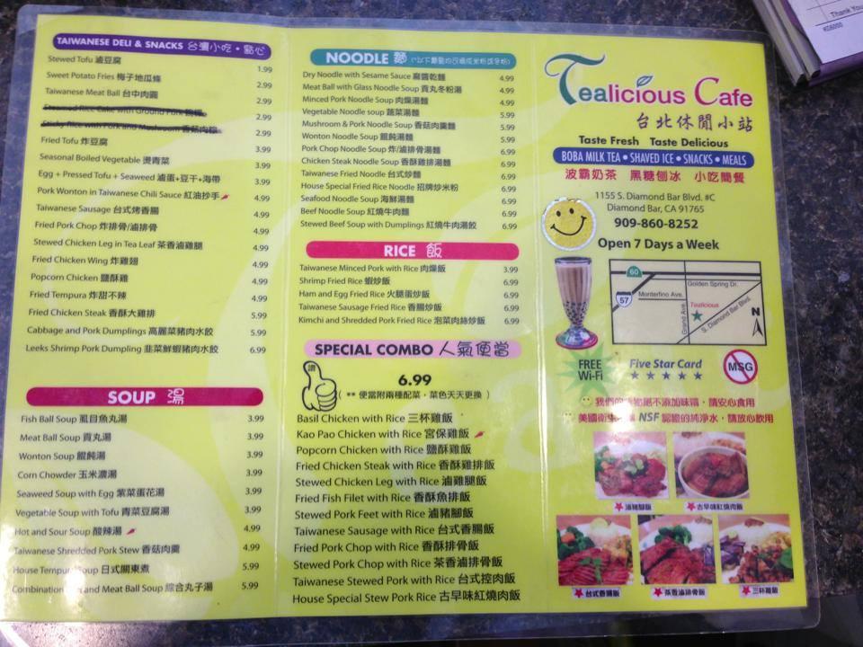 Menu at Tealicious Cafe, Diamond Bar