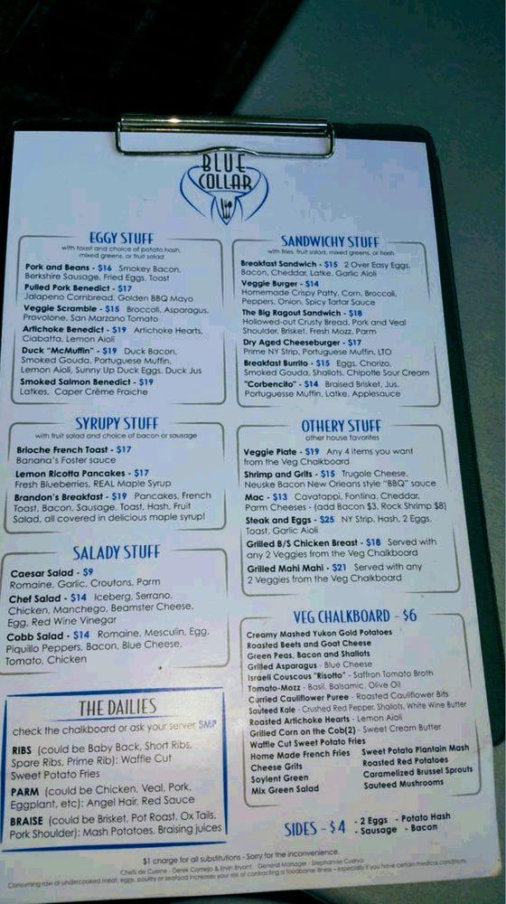 Menu at Blue Collar restaurant, Miami