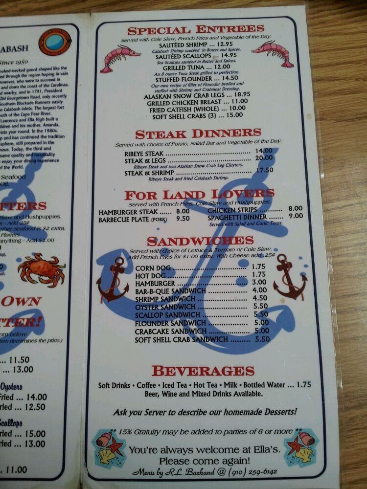 Menu at Ella's of Calabash restaurant, Calabash