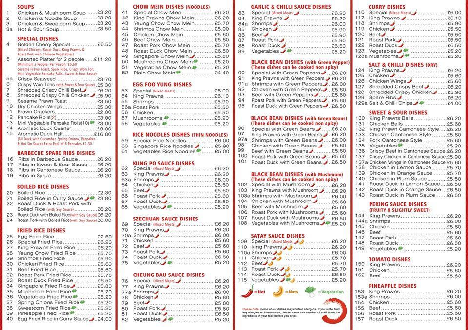 Menu at Golden Cherry restaurant, Lincoln
