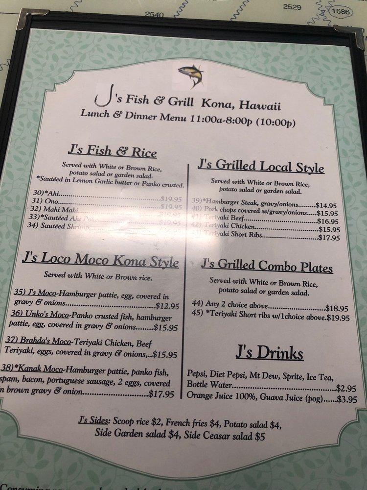 Menu at J's Fish & Grill Kona,Hawaii restaurant, Kailua-Kona