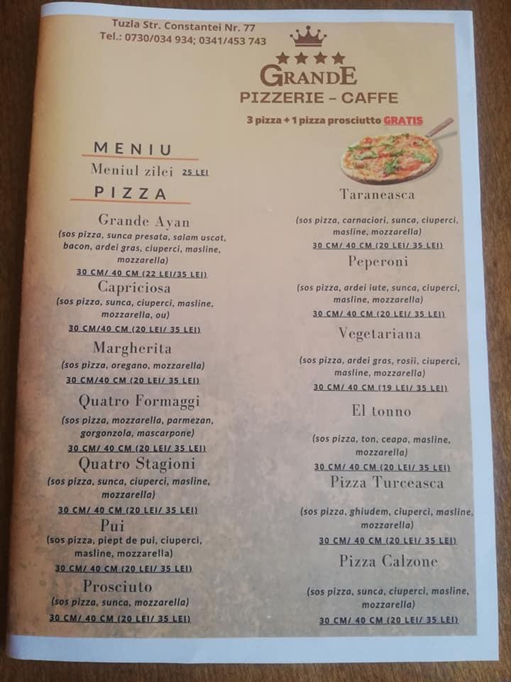 Menu at Grande Caffe, Tuzla