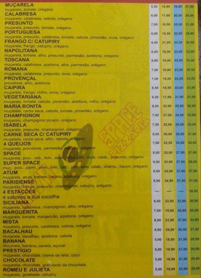 Menu at Space pizza pizzeria, Rio de Janeiro, fonseca