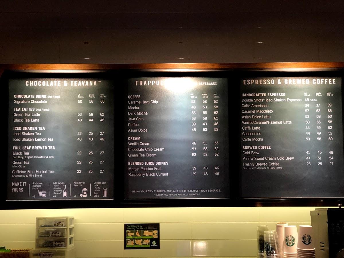 Menu at Starbucks, Palembang, Central Pavillion