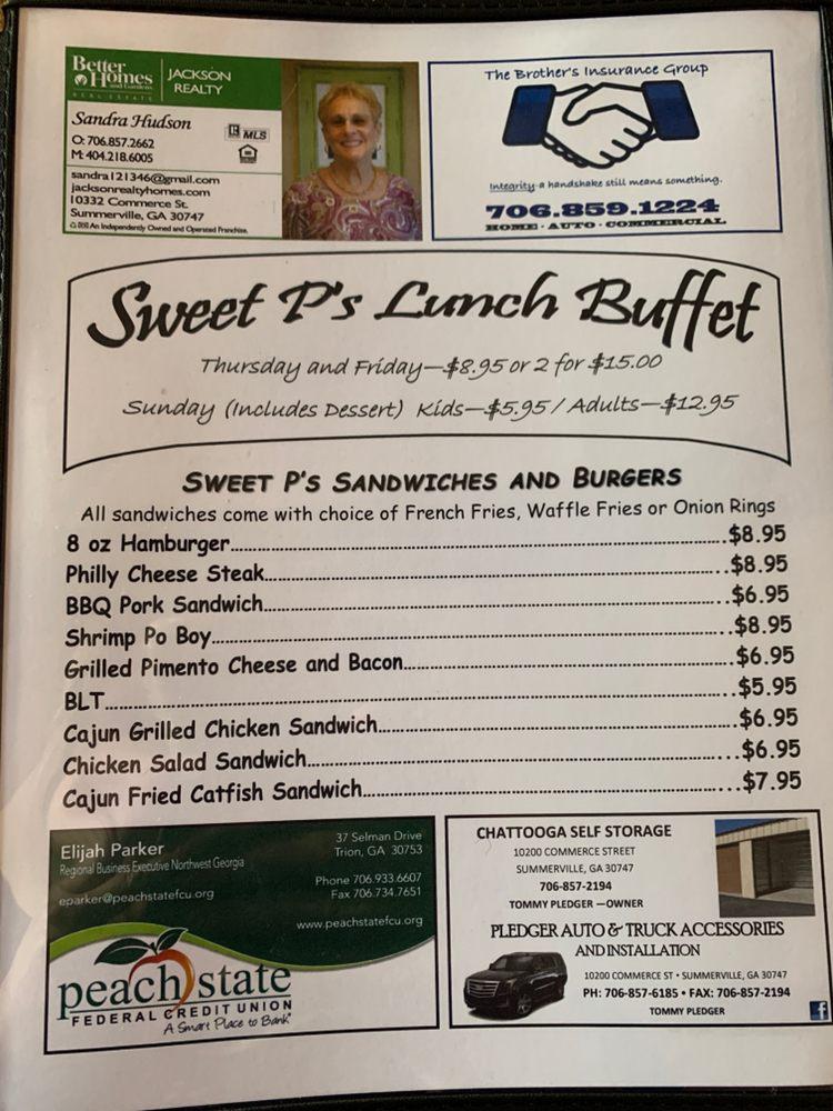Menu at Sweet P's restaurant, Trion