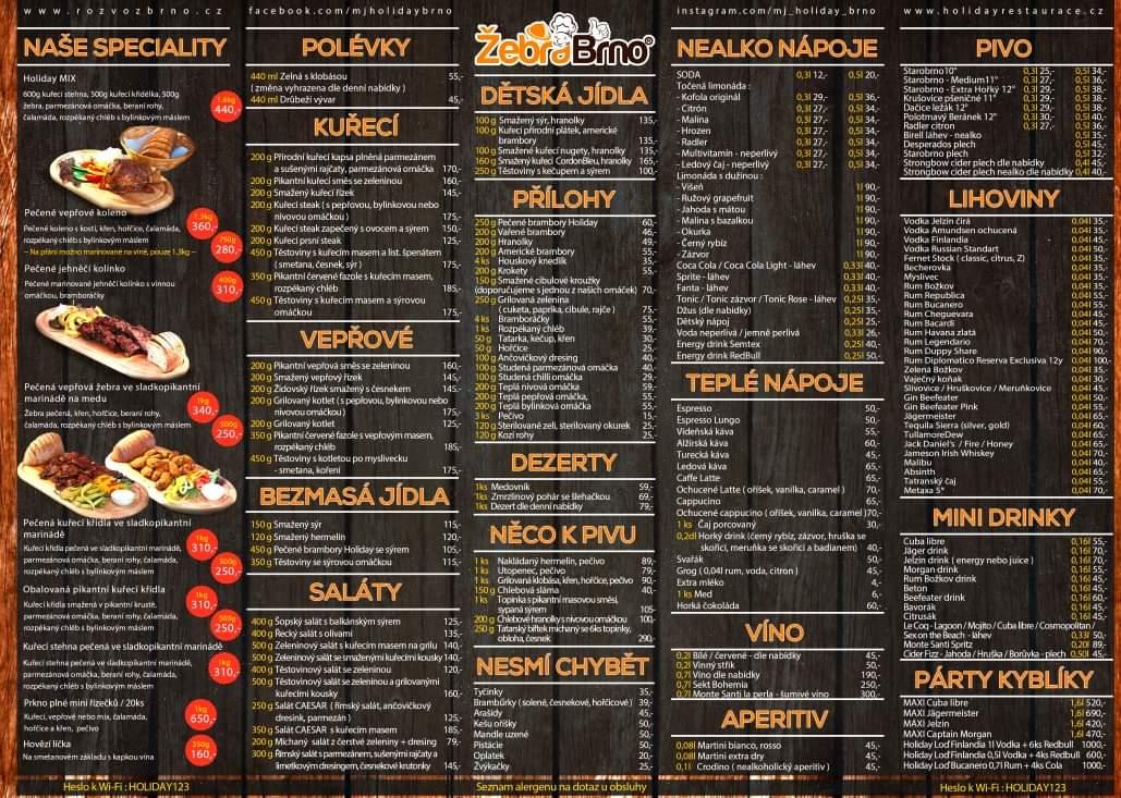 Menu at Žebra Brno restaurant, Brno