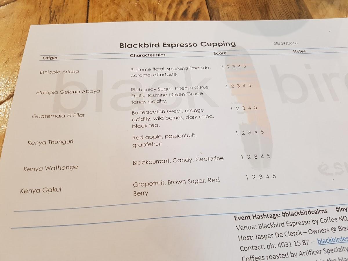 Menu at Blackbird Laneway cafe, Cairns, Oceana Walk Arcade