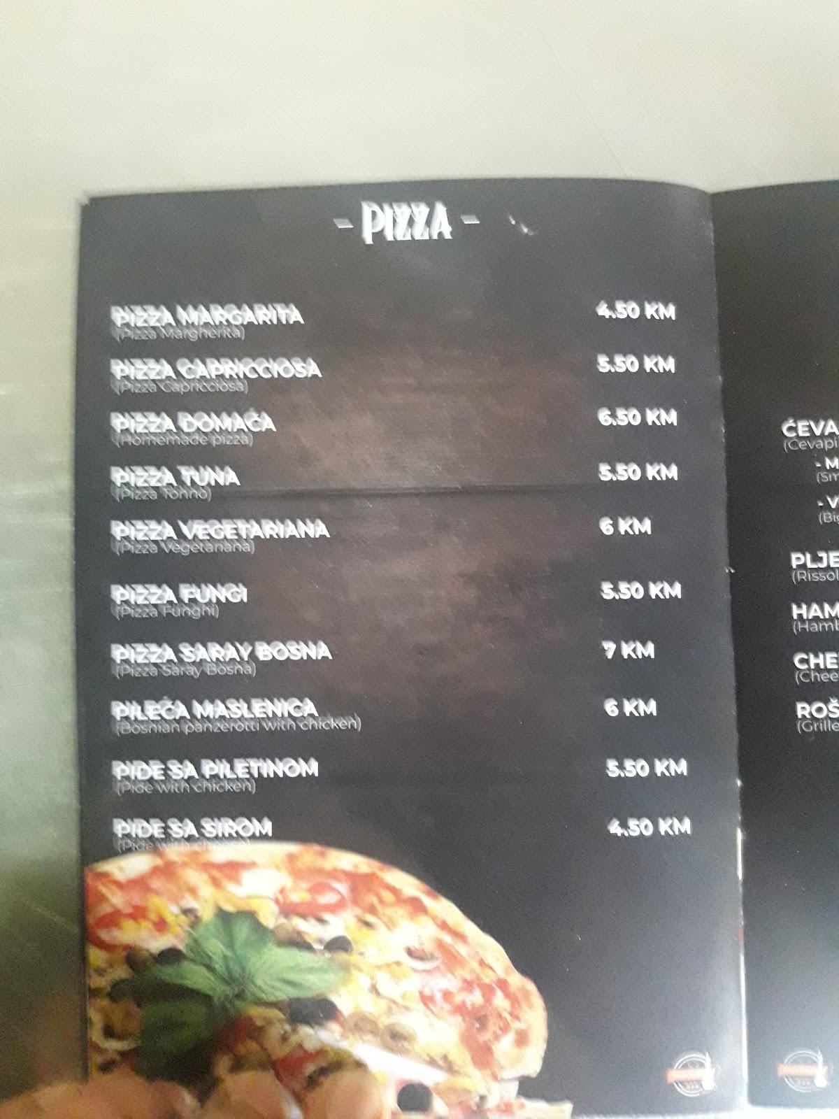 Menu at Saray Bosna restaurant, Ilidža