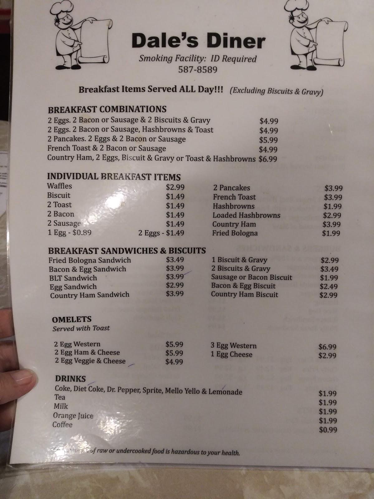 Menu at Dale's Diner restaurant, Morristown