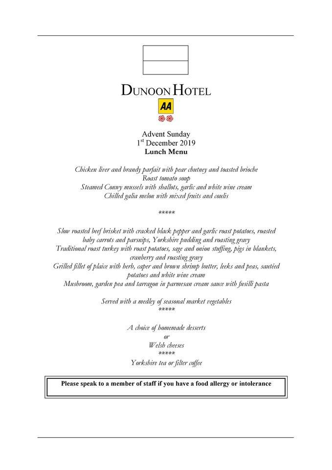 Menu at Dunoon Hotel, Llandudno