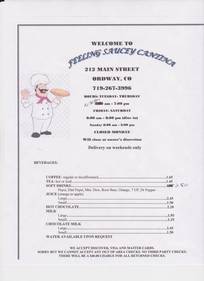 Menu at Feeling saucy pizzeria, Ordway