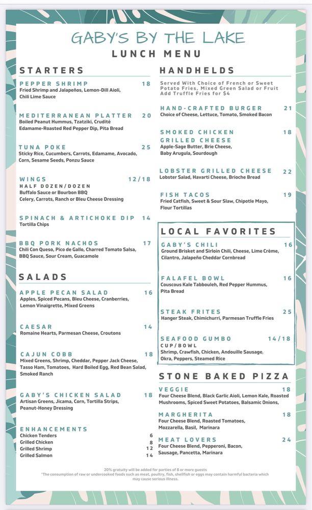 Menu at Gaby's by the Lake pub & bar, USA