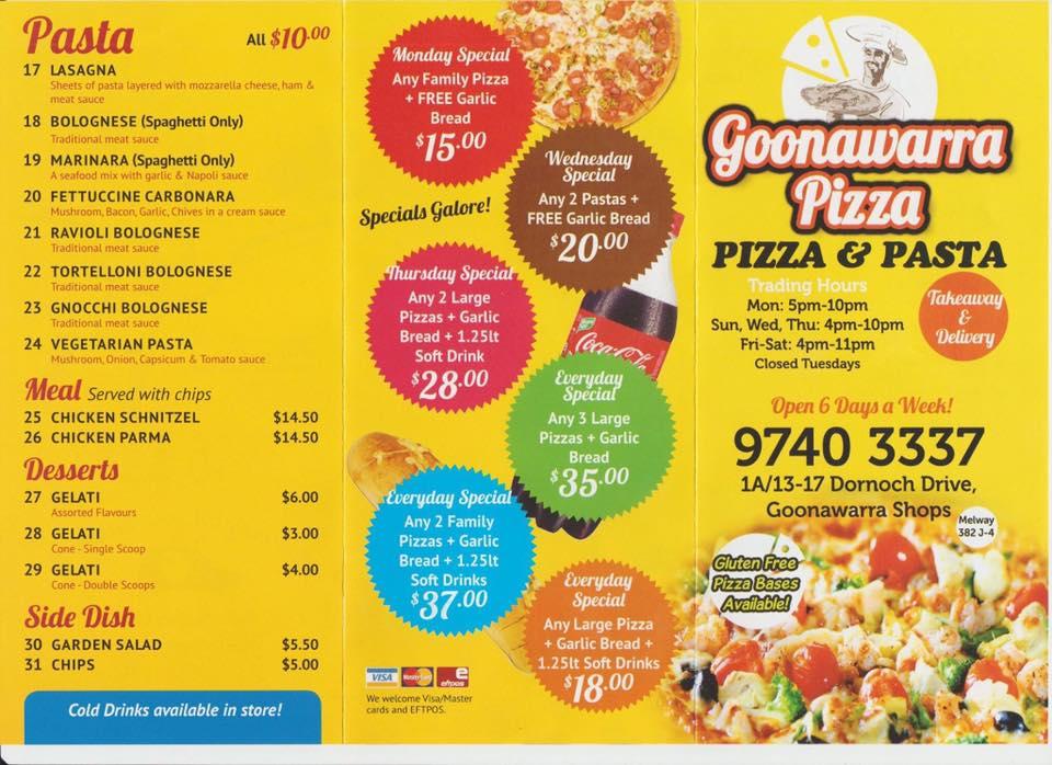 Menu at Goonawarra Pizza pizzeria, Sunbury