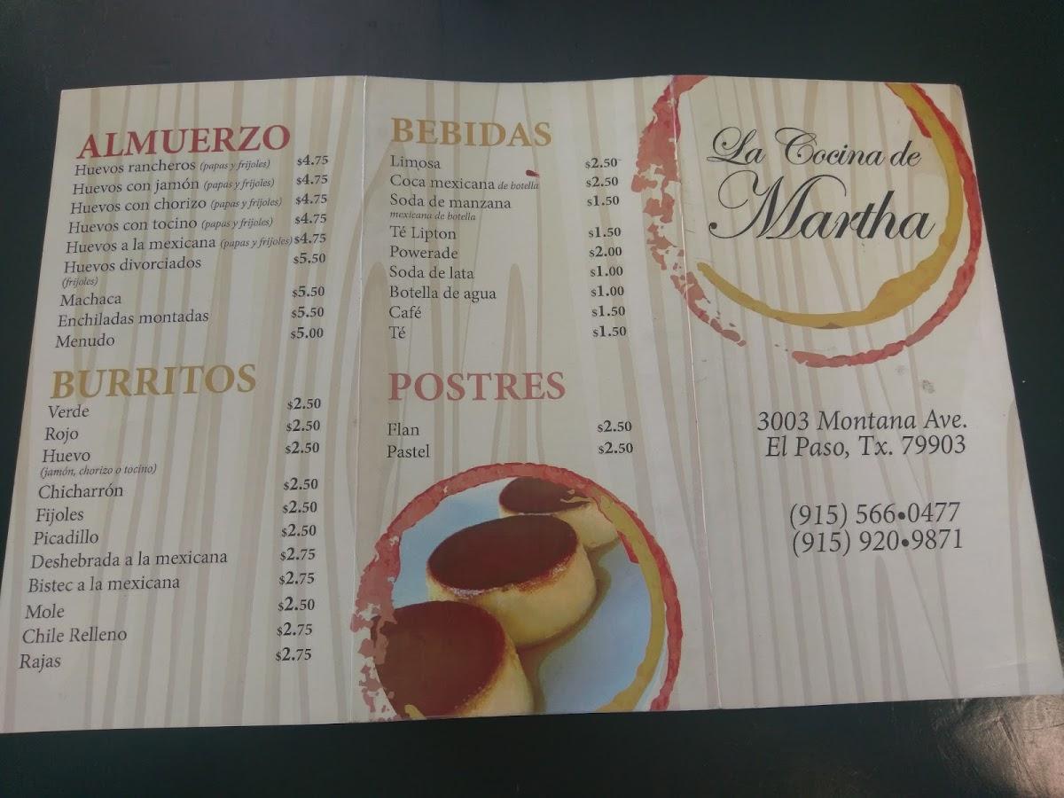 Menu at La Cocina de Martha restaurant, El Paso