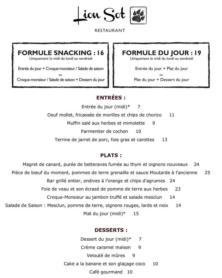 Menu at Lion Sot Restaurant, Paris