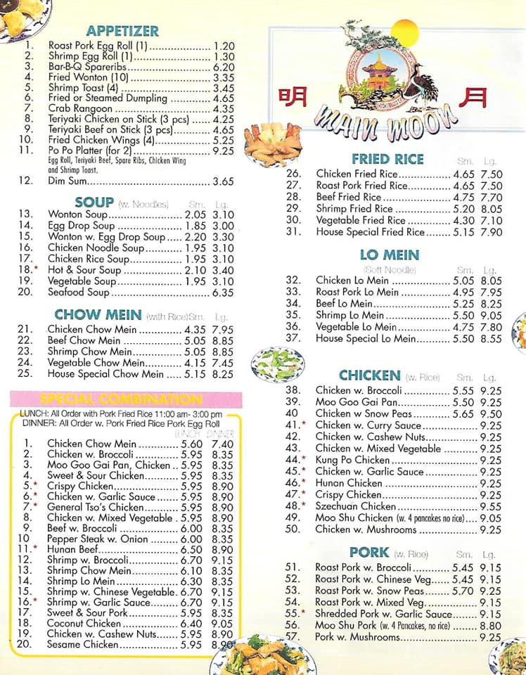 Menu at Main Moon restaurant, Johnstown, Scalp Ave # 240
