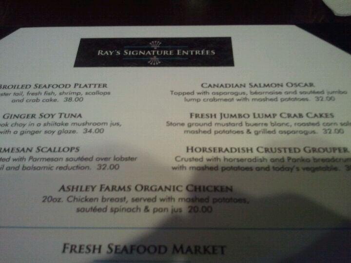 Menu at Ray's In the City restaurant, Atlanta, 240 Peachtree St