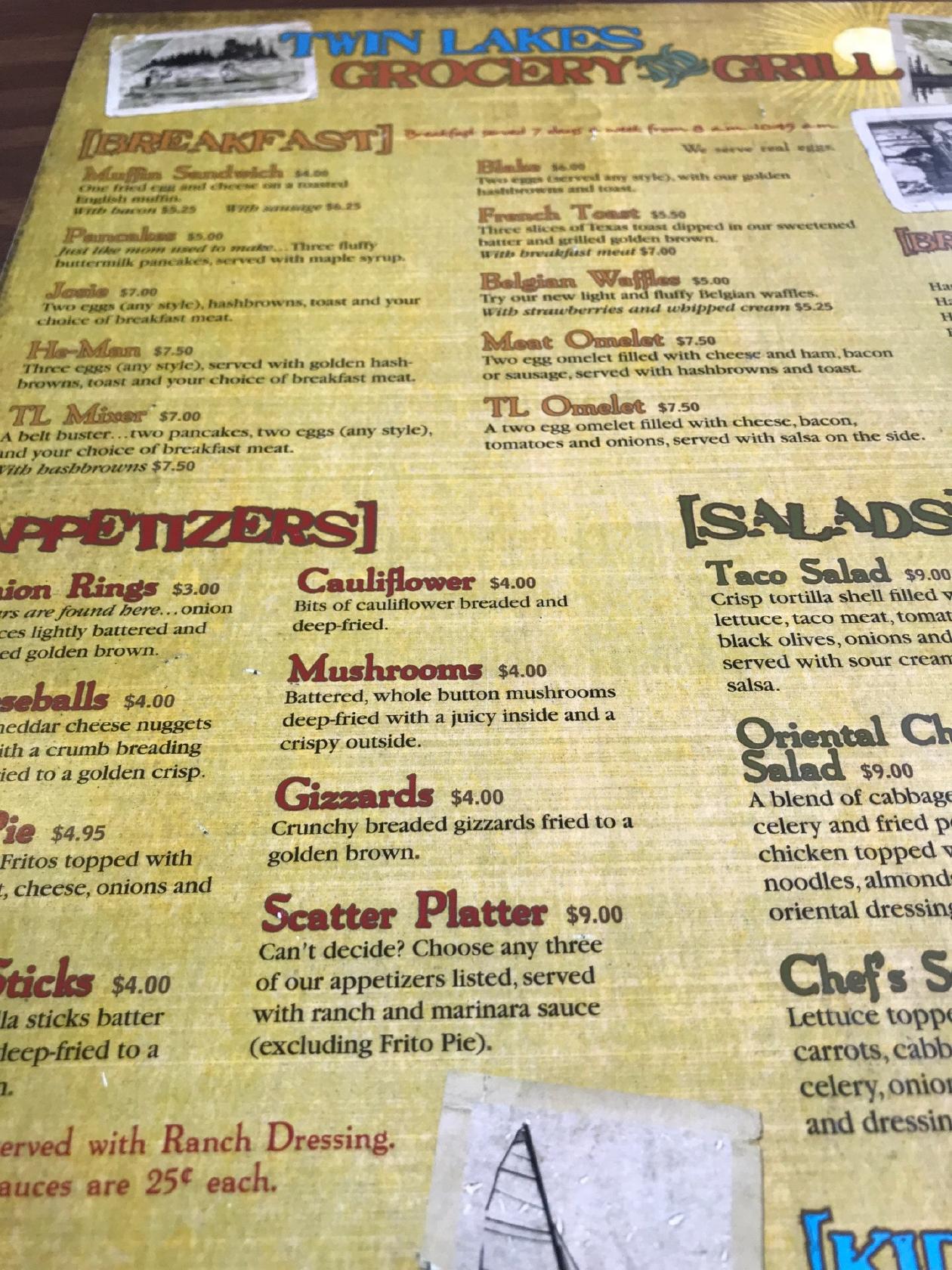 Menu at Twin Lakes Grocery & Grill restaurant, USA