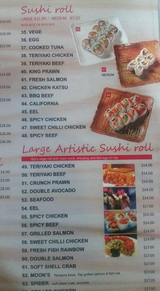 Menu at Moon's Sushi restaurant, Wollongong
