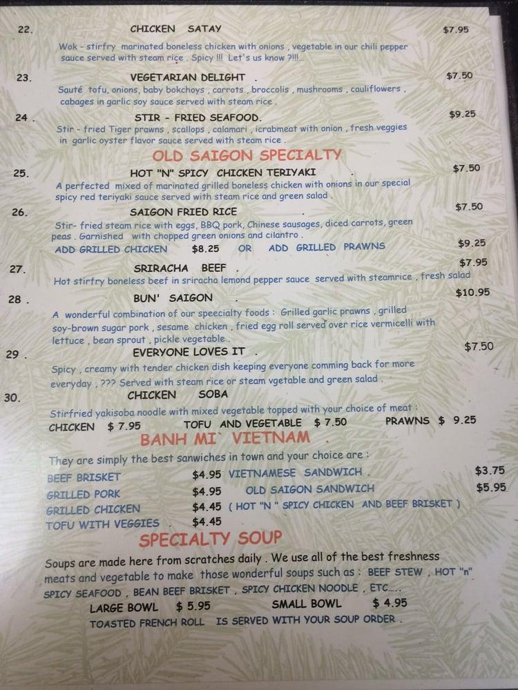 Menu at Old Saigon restaurant, Tukwila