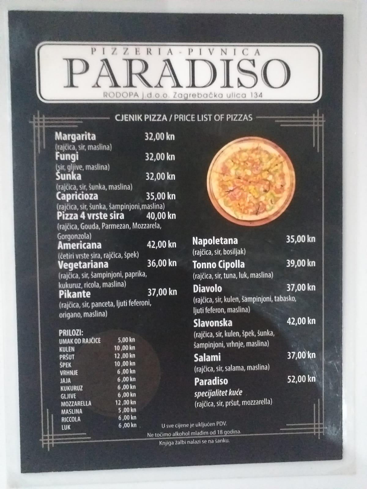 Menu at Pizzeria Paradiso, Dugo Selo