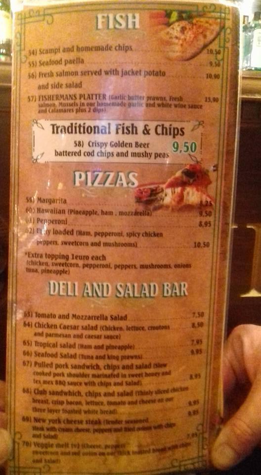 Menu at The Dubliner restaurant, Salou