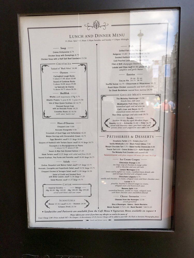 Menu at The Wolseley cafe, London