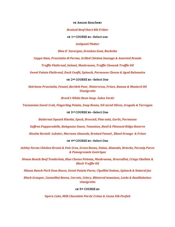 Menu at Brock's restaurant, Hoover