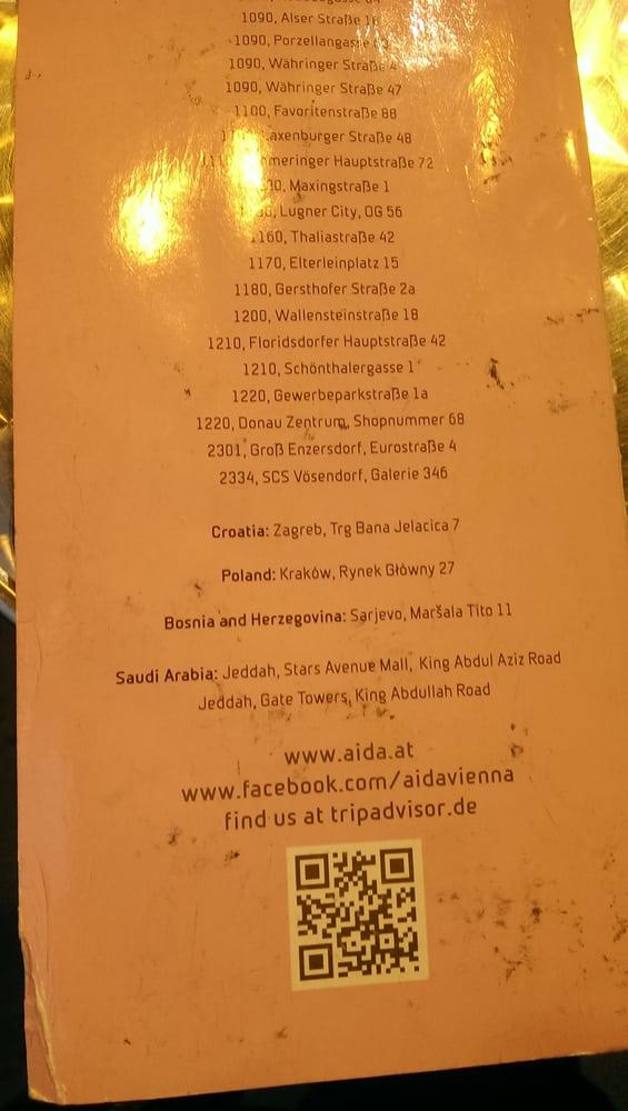 Menu at Café-Konditorei Aida cafe, Vienna, Opernring 7