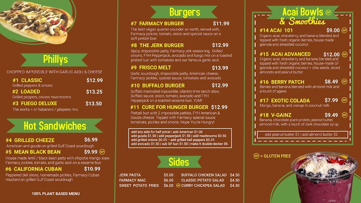Menu at Farmacy Vegan Kitchen Westshore Marina restaurant, Tampa