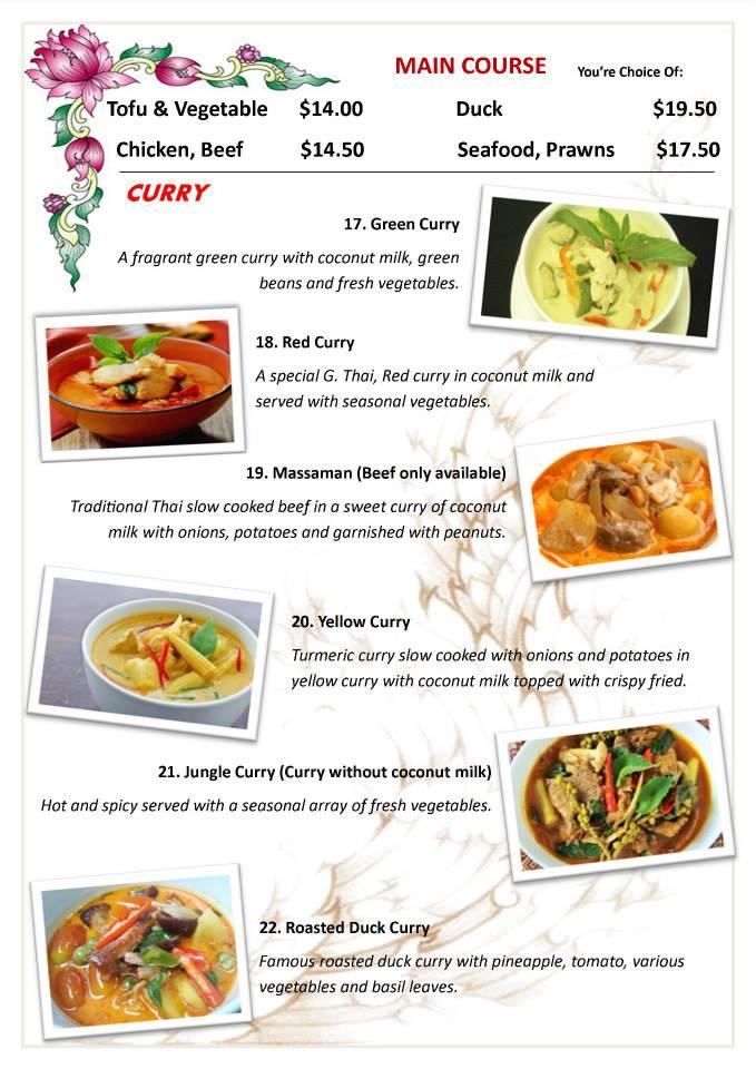 Menu at G Thai restaurant, Wagga Wagga