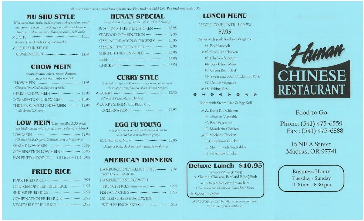 Menu at Hunan Chinese Restaurant, Madras