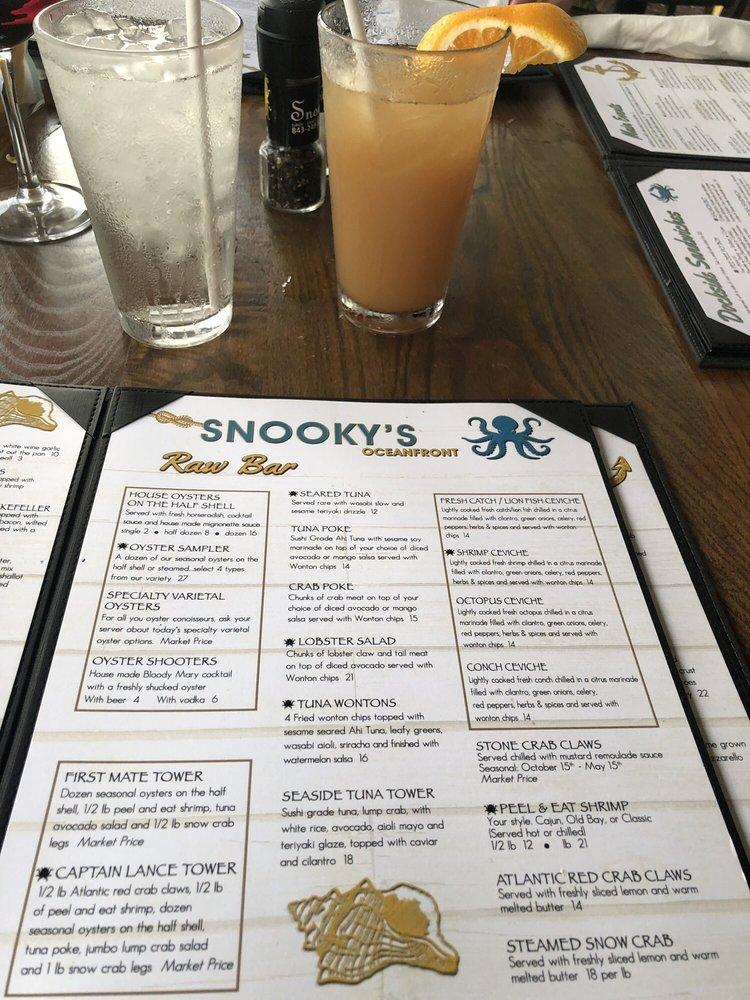 Menu at Snooky's Oceanfront pub & bar, North Myrtle Beach