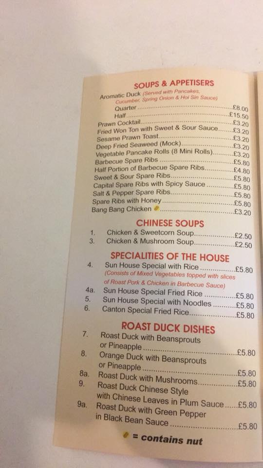 Menu at Sun House fast food, Saint Columb Major