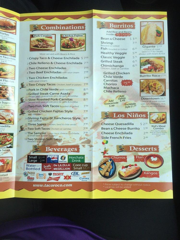 Menu at Taco Roco restaurant, Buellton, 245 Ave of Flags