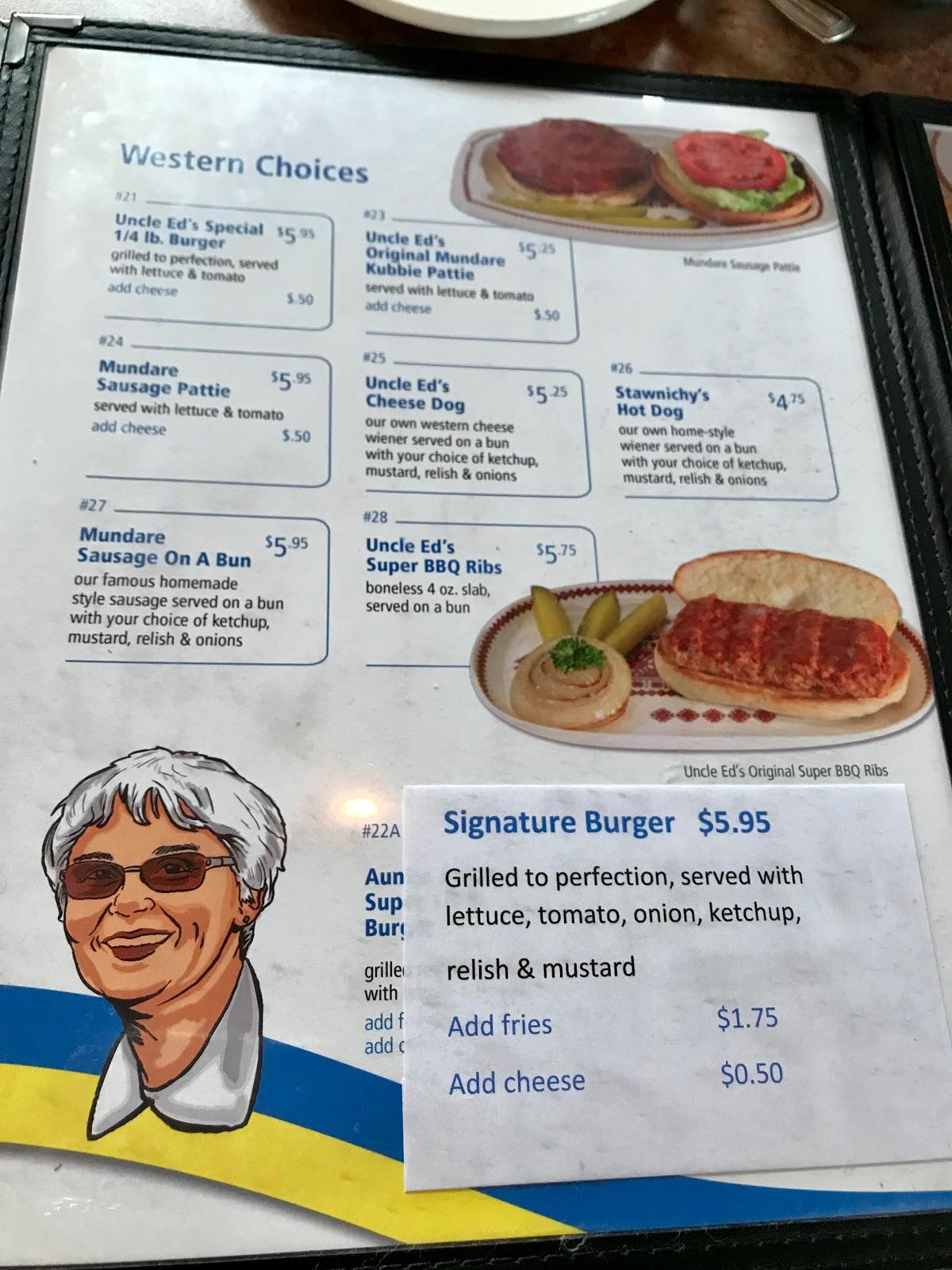 Menu at Uncle Ed's Restaurant, Edmonton