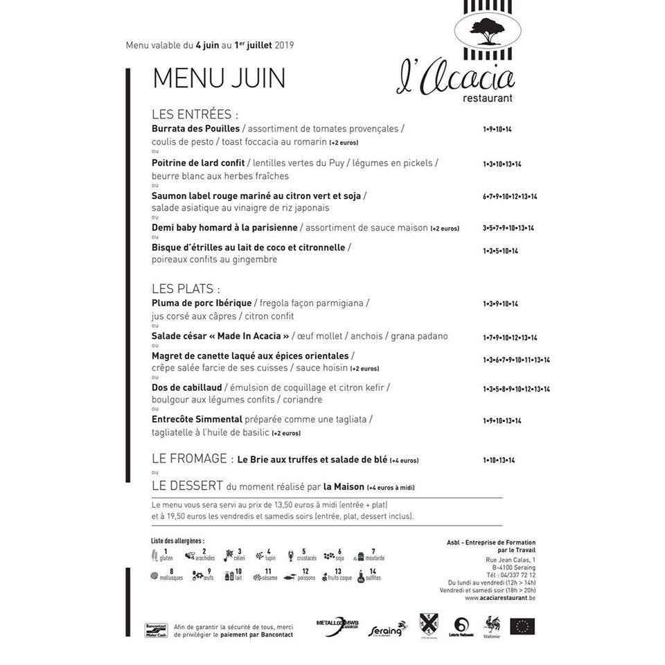 Menu au L'Acacia - Centre de formation HoReCa, Seraing