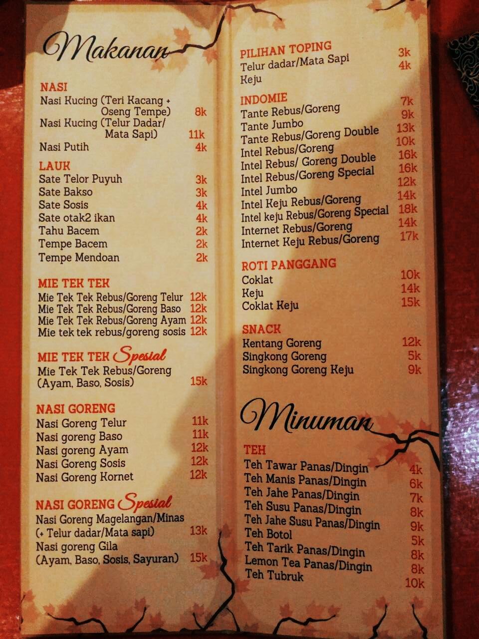 Menu at Angkringan Orange restaurant, Pekanbaru