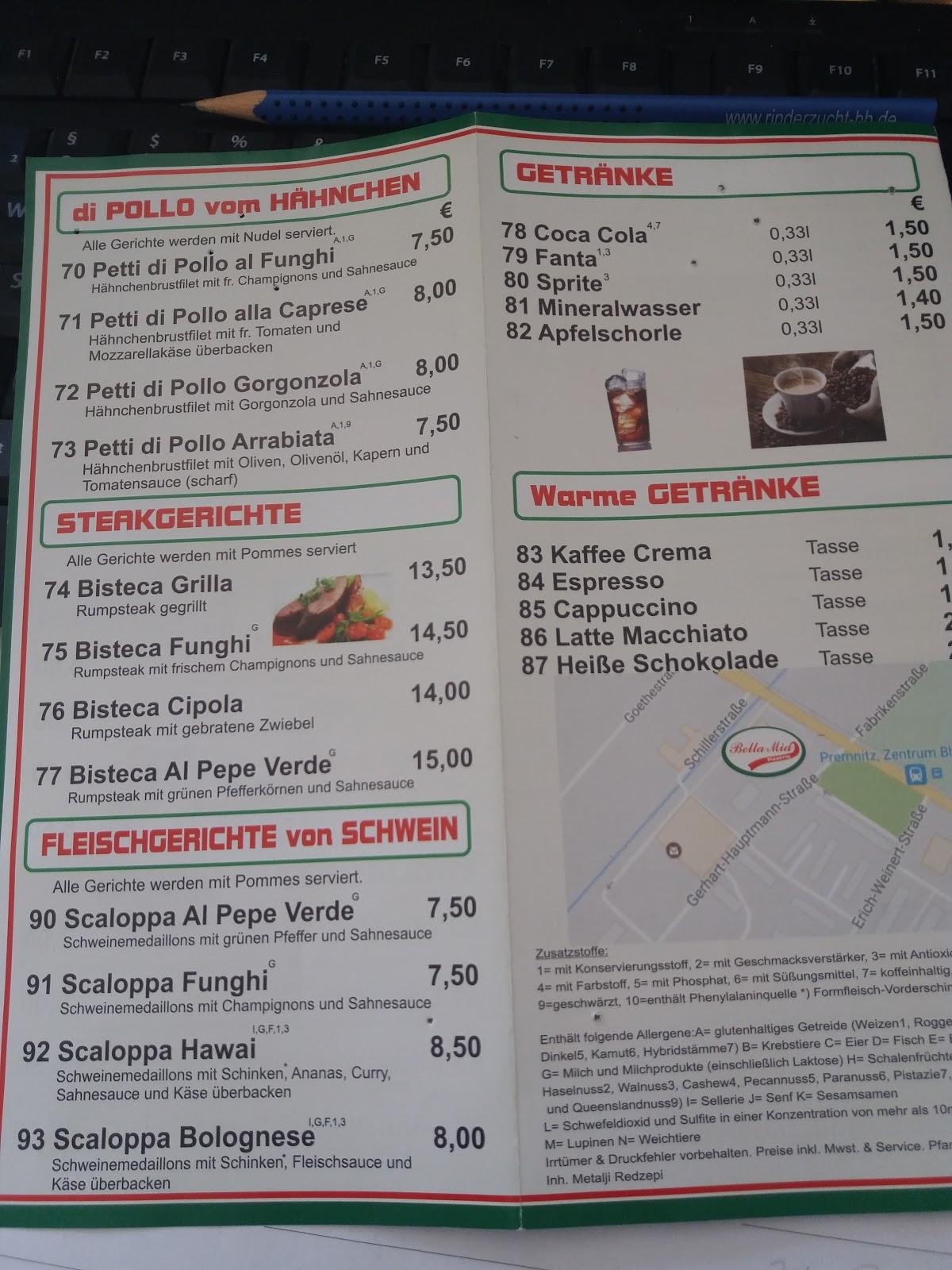 Speisekarte von Pizzeria Bella Mia, Premnitz