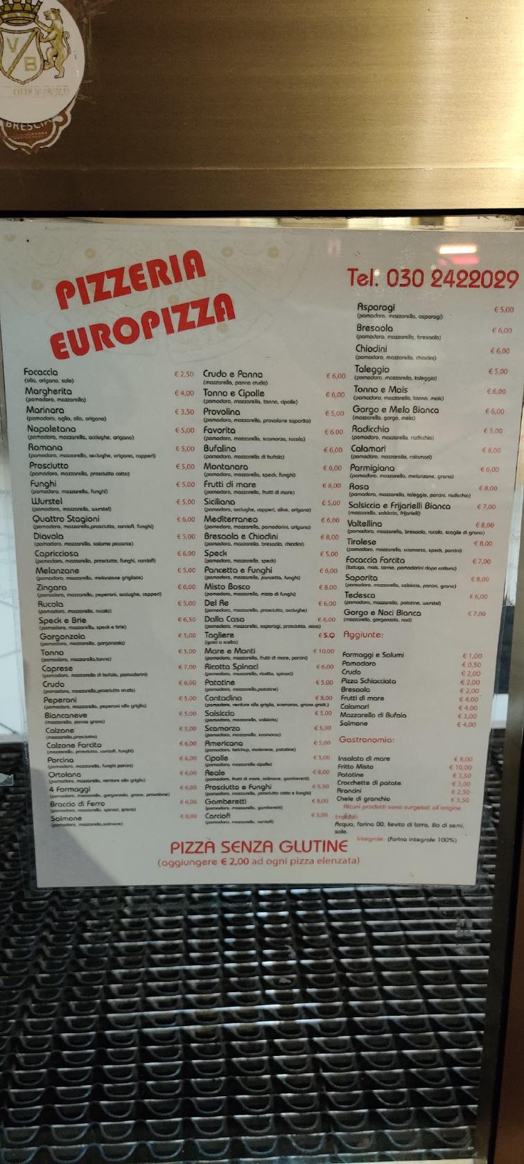 Menu da Europizza Pizza da Asporto ristorante, Brescia, Via Corsica