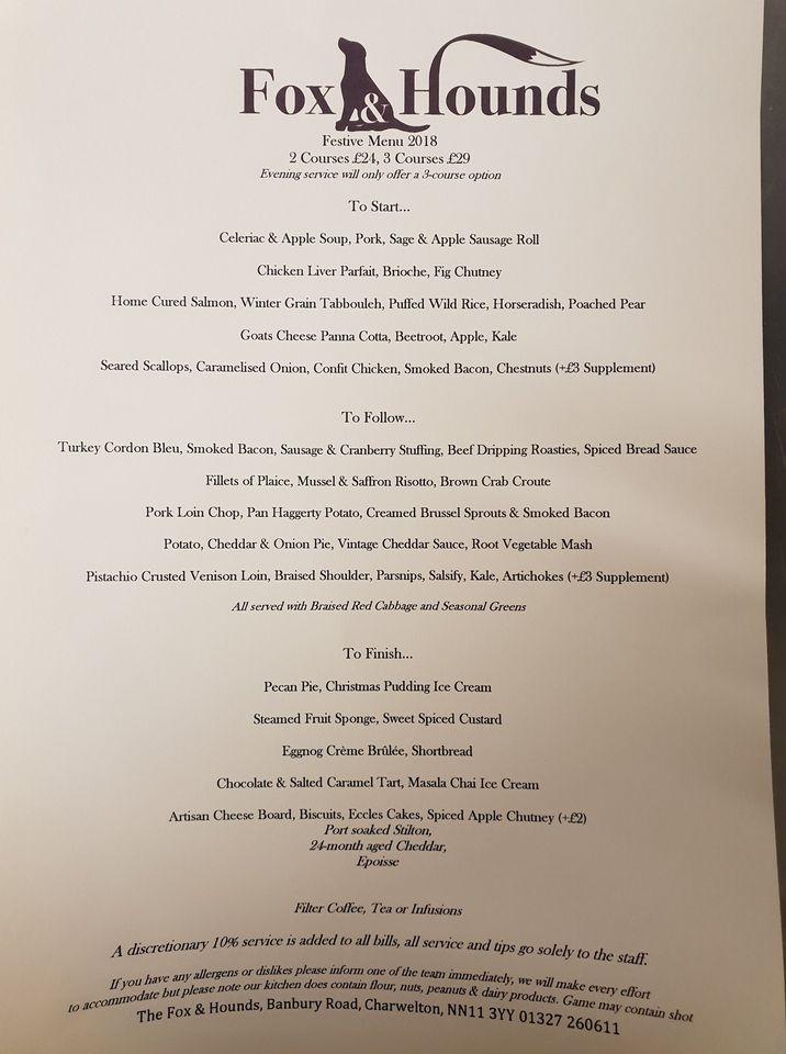 Menu at Fox & Hounds pub & bar, Woodford Halse, Banbury Rd
