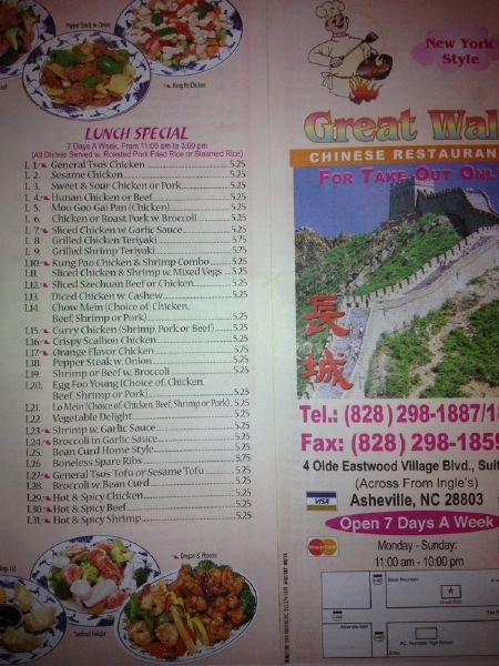 Menu at Great Wall Restaurant, Asheville