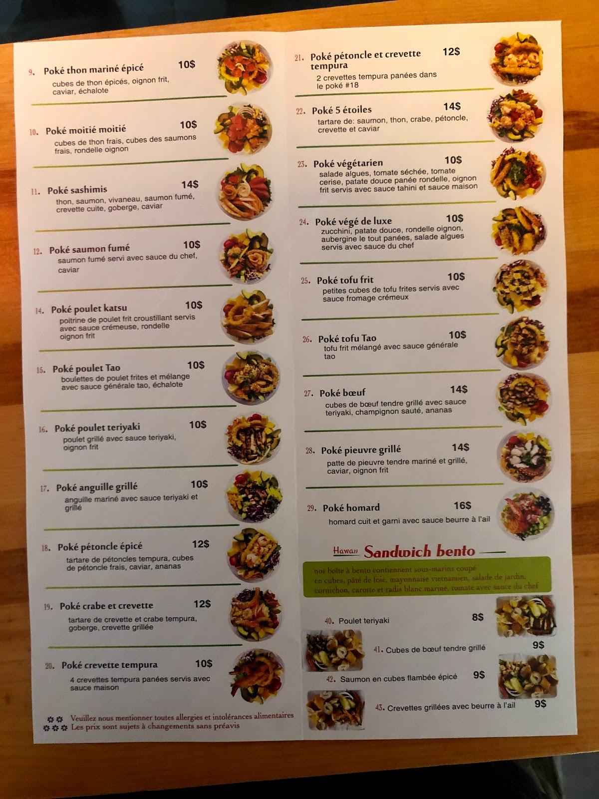 Menu at Hawaii Poke restaurant, Montréal