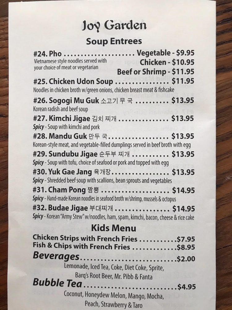 Menu at Joy Garden restaurant, Yakima