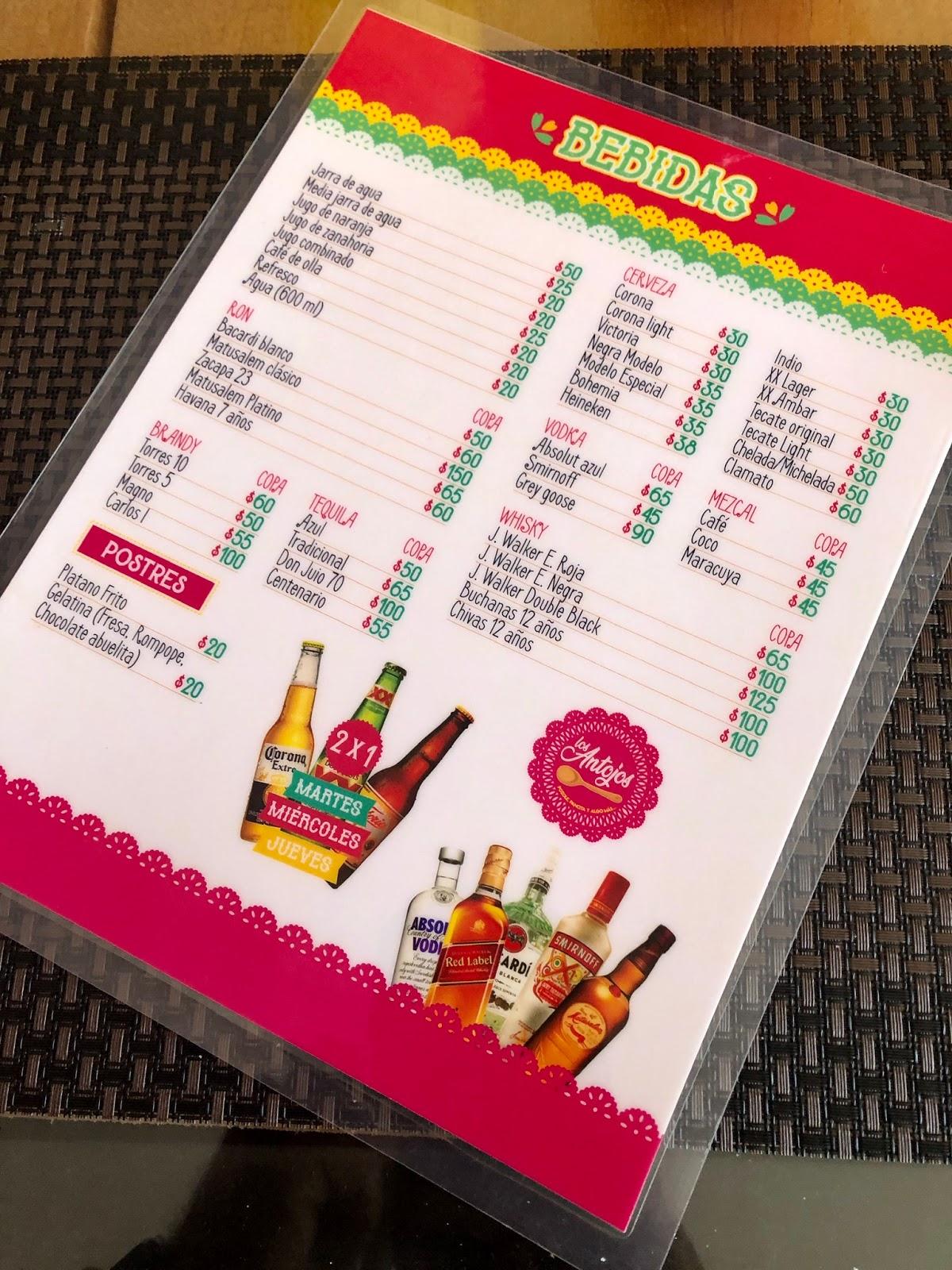 Menu at Los Antojos restaurant, San Andres Cholula
